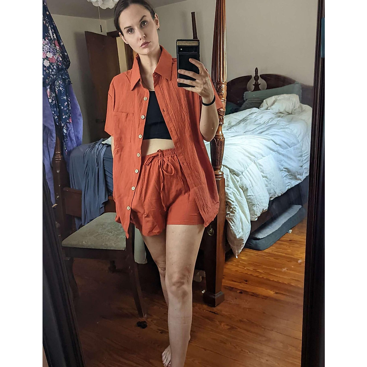 QIBABU Women's Linen Shorts Sets 2 Piece Summer Short Sleeve Top and Shorts Sweatsuit Set Vacation Beach Outfits(1521-Orange-L-QB)