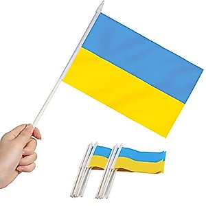 Anley Ukraine Mini Flag 12 Pack - Hand Held Small Miniature Ukrainian Flags on Stick - Fade Resistant & Vivid Colors - 5x8 Inch with Solid Pole & Spear Top