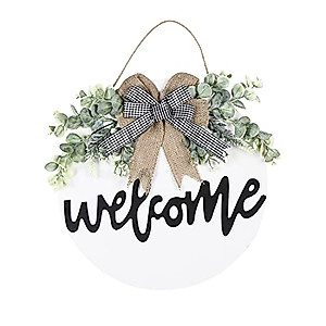 Sattiyrch Welcome Sign for Front Door Round Wood Sign Hanging for Farmhouse porch Door Decoration (White)