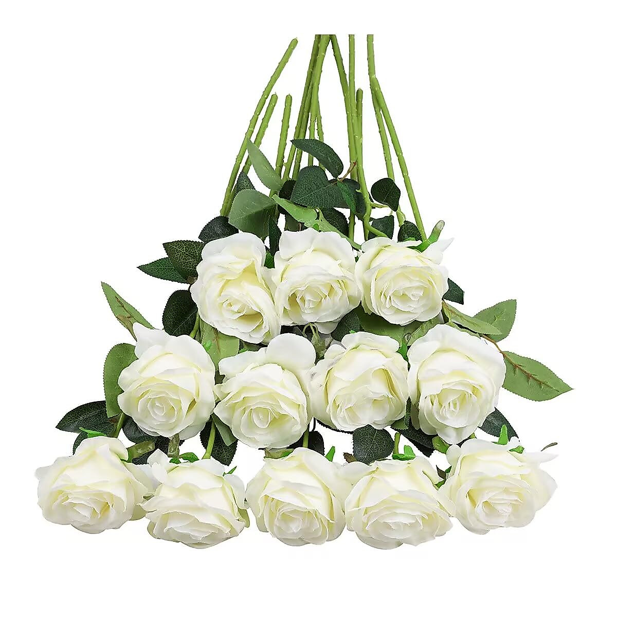 Tifuly White Roses Artificial Flowers -12 pcs Realistic Single Long Stem Fake Silk Roses Bouquet for Party Home Wedding Centerpiece Office DIY Decor（Off White）