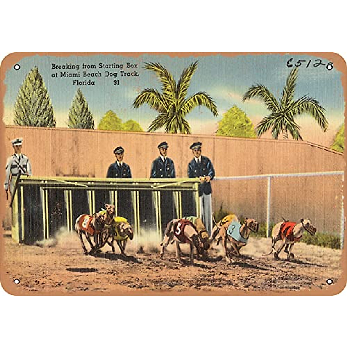 7 x 10 METAL SIGN - Florida Postcard - Breaking from the starting box at Miami Beach dog track, Florida - Vintage Rusty Look