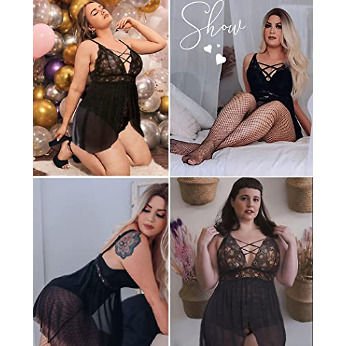 Avidlove Plus Size Lace Sleepwear Sexy Lingerie Lace Babydoll Set Nightwear Dress (Black, 3XL)