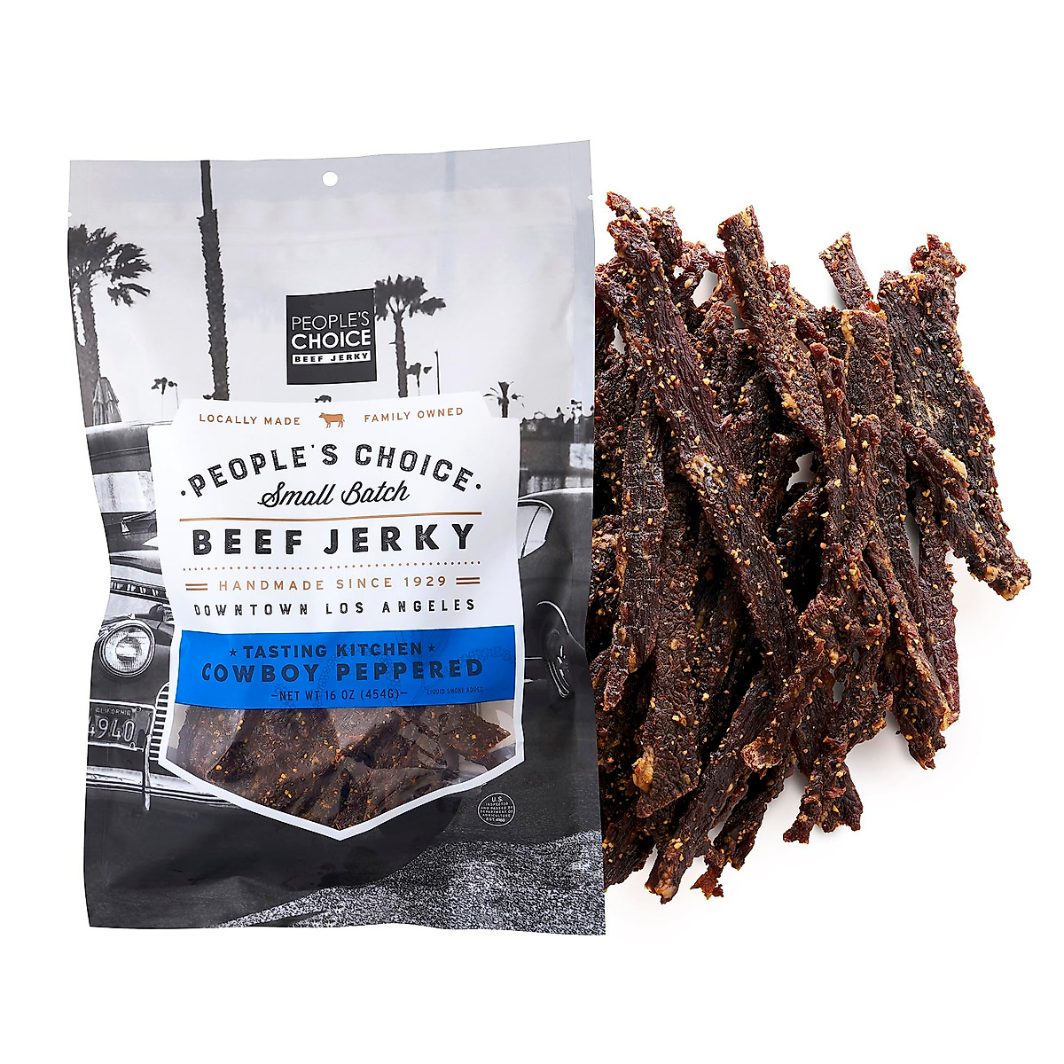 People's Choice Beef Jerky - Tasting Kitchen - Cowboy Peppered Beef Jerky - Camping Food, Backpacking Snacks, Road Trip Snacks - High Protein Low Sodium Healthy Snacks - 1 Pound, 16 oz - 1 Bag