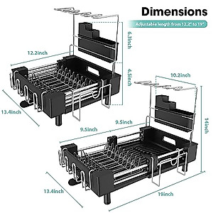 Ozera Dish Rack, Expandable Drying Rack with Drainboard, Stainless Steel Large Racks for Kitchen Counter, Detachable Set Dishes Utensils Holder and Cup Holders, Black (SN-LSJ01)