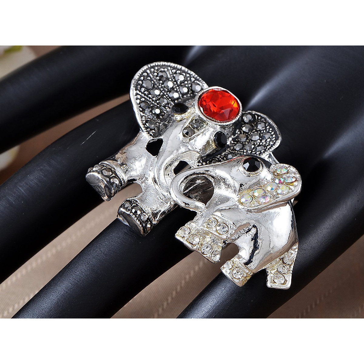Alilang Lovely Mother Family Ruby Clear Crystal Rhinestone Elephant Custom Ring