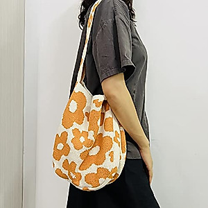 Women Aesthetics Crossbody Bag Crochet Fairycore Flower Bag Y2K Trendy Shopping Bag Knitted Tote Shoulder Bag (Orange)