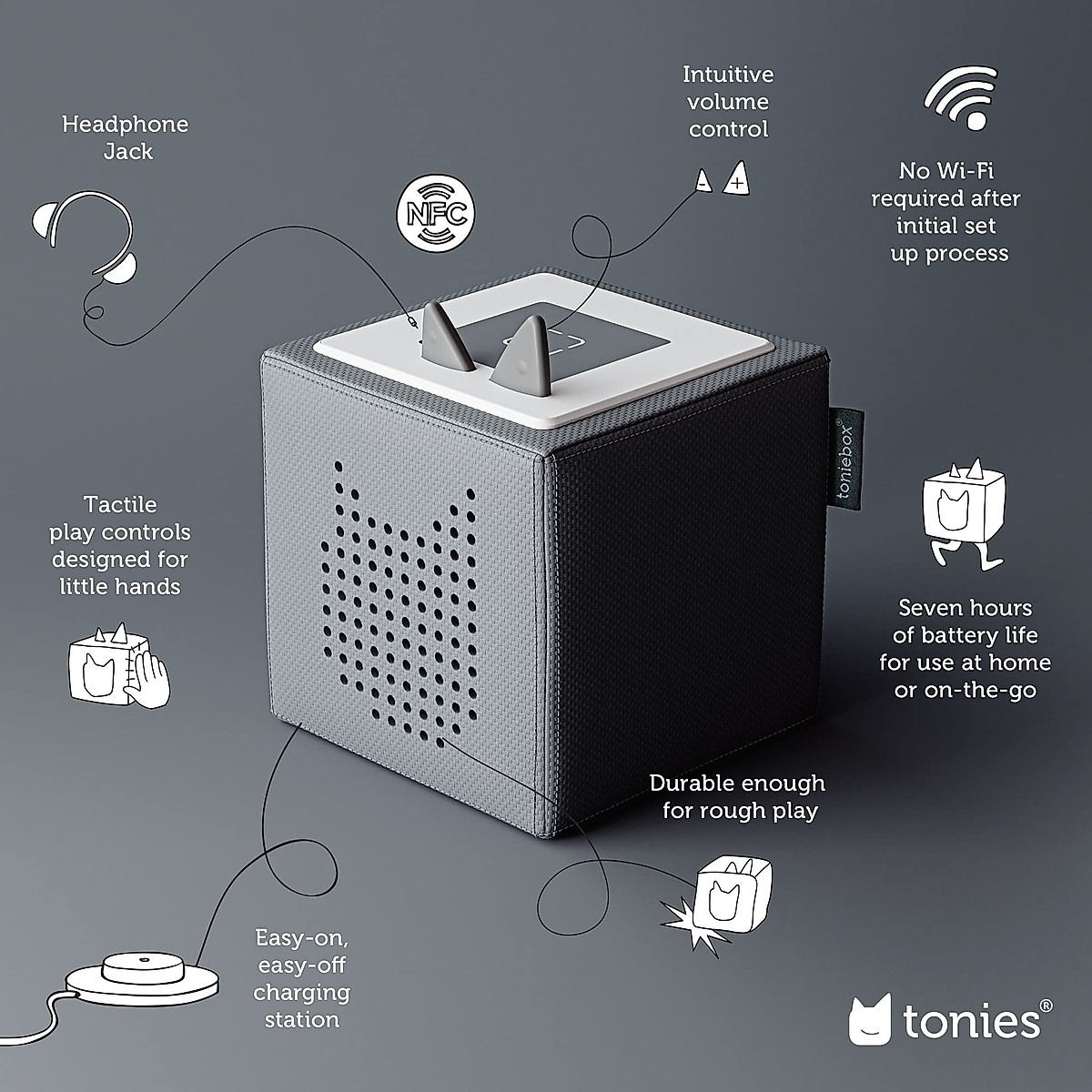 Toniebox Audio Player Starter Set with National Geographic Astronaut, Dinosaur, Whale, Penguin, and Playtime Puppy - Listen, Learn, and Play with One Huggable Little Box - Gray