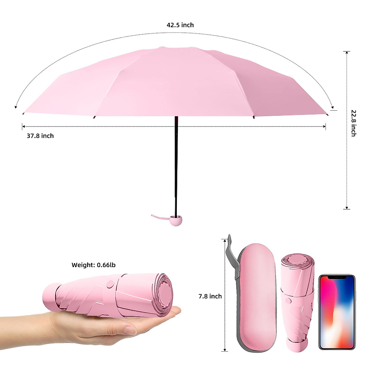 Trenovo Travel Umbrella - Mini Folding Compact Umbrella with Case, 8 Ribs Lightweight Portable Umbrella, Small Sun & Rain Pocket Umbrella for Girls and Women - Pink