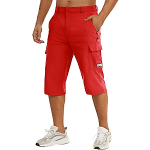 TACVASEN Mens Capris Shorts Men's Below Knee Shorts Red Cargo Shorts Tactical Workout Shorts Casual Hiking Shorts Zipper Pocket Shorts Men