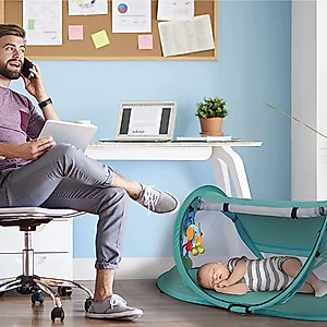 KidCo Peapod Prestige Lightweight Pop Up Portable Toddler Travel Bed with Toy Loops, Storage Pocket, and Carry Bag for Outdoors, Seafoam