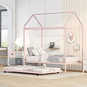 Merax Cute Montessori Bed with Trundle Twin, Metal Low House Daybed for Kids No Box Spring Needed/Space Spaving Pink