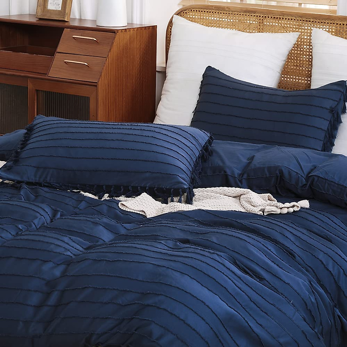 Vaulia Soft Microfiber Textured Duvet Cover Set with Tassels Design, Boho Chic Embroidery Striped Pattern Dark Blue, Queen Size 3-Piece Set (1 Duvet Cover 2 Pillow Shams)