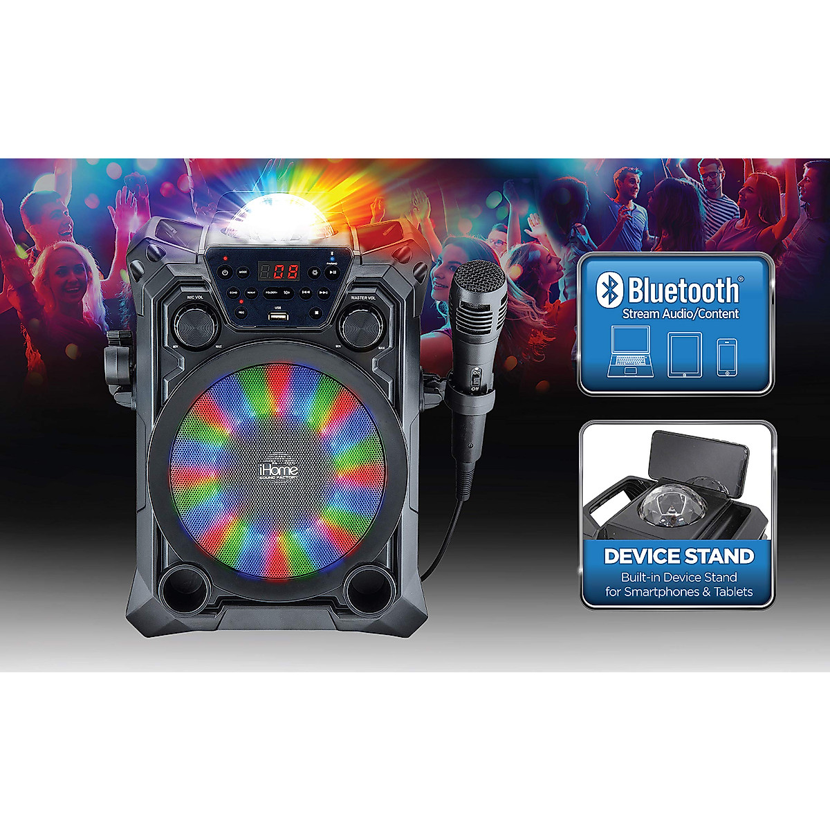 iHome Karaoke Machine with Bluetooth Speaker and Wired Microphone Designed for Kids and Adults, Includes USB Recording Feature and Party Lights