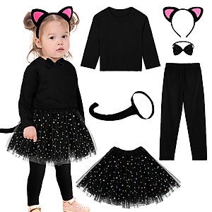 AOTHSO 6 Pieces Halloween Girls Black Cat Costume Set Long Sleeve Pants Headband Bowtie Tail Tutu Skirt Accessories for Kids