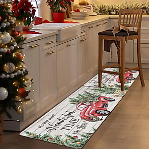 U'Artlines 2Pcs Christmas Anti Fatigue Kitchen Rugs and Mats, Red Truck Tree Non Slip Foam Cushioned Farmhouse Kitchen Floor Mats Comfort Standing Mats for Winter Home Decor