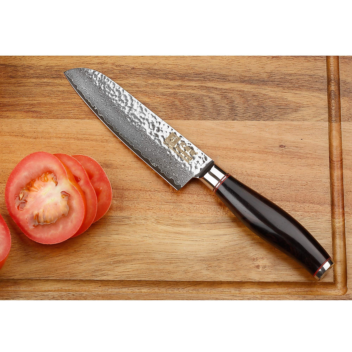 Sunlong Chef's Knives Santoku 5 inch Japanese Hammered Damascus Steel Natural Ebony Wood Handle