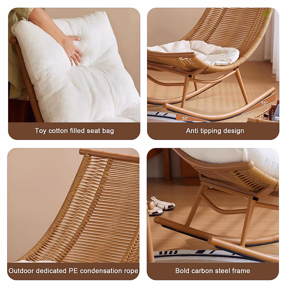 NRNQMTFZ Patio Rattan Rocker Chair,Upholstered Nursing Armchair,Modern Rocking Chair with High Backrest,Nursery Rocking Chair,Comfy Side Chair,for Garden Backyard Porch(White)