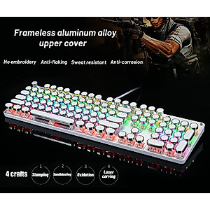 YSCP Typewriter Style Mechanical Gaming Keyboard LED Backlit Wired with Blue Switch Retro Round Keycap 104 Keys Keyboard (White 104 Keys LED)