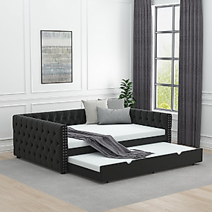 KINFFICT Velvet Full Daybed with Twin Trundle, Modern Upholstered Full Size Day Bed Button-Tufted Sofa Daybed Frame with A Roll-Out Trundle (Black)