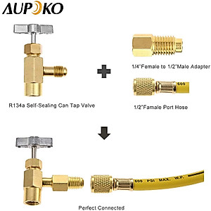 Aupoko R134A Self-Sealing Can Tap with R134A Tank Adapter, 1/2’’ Acme to 1/4’’ SAE Refrigerant Can Bottle Tap Opener with 1/4’’ SAE Female and 1/2’’ Acme Male Adapter