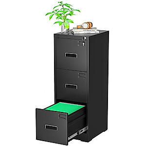 Greenvelly 3 Drawer File Cabinet with Lock, Metal Filing Cabinet for Home Office, Locking Vertical File Cabinet, 18" D File Cabinet for Home Office, Easy Assemble (Black)
