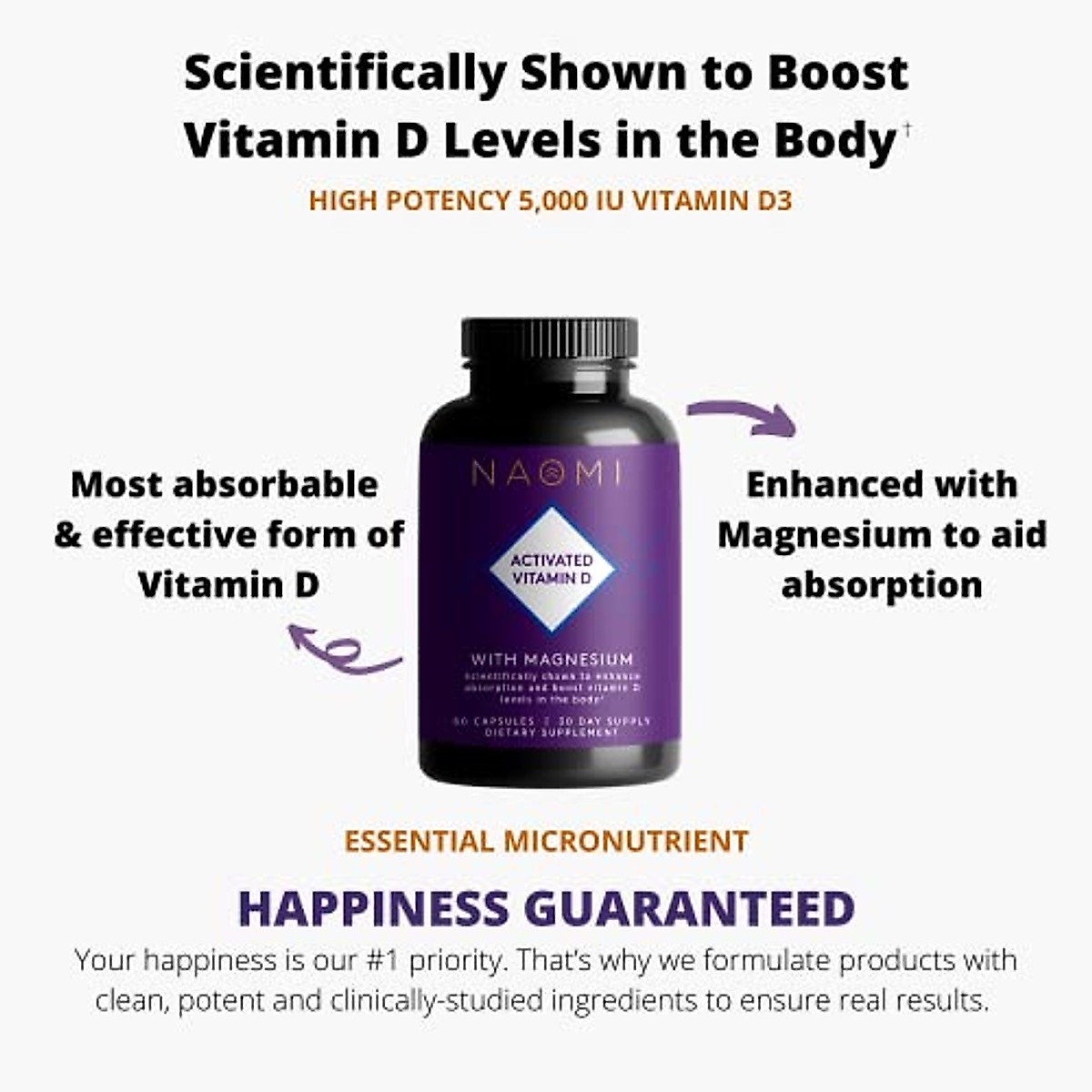 NAOMI Activated Vitamin D, Vitamin D3 5000 IU with Magnesium Supplement, Vitamin D for Strong Bones, Balanced Mood and Optimal Immune Support, K Minerals, D Vitamin IU- 60 Veggie Capsules