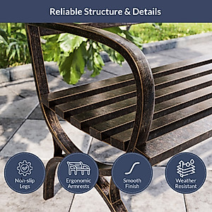 BELLEZE 50 inch Outdoor Garden Bench, Cast Iron Metal Loveseat Chairs for Park, Yard, Porch, Lawn, Balcony, Backyard, Antique Rose Accent Style Patio Seat Furniture, Bronze