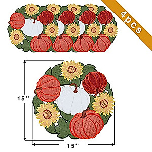 OWENIE Fall Pumpkins Placemats Set of 4,Thanksgiving Placemats with Embroidered Harvest Pumpkin and Leaves/Sunflowers, Fall Decor for Home, AutumnTable Mats, 15 Inch Round