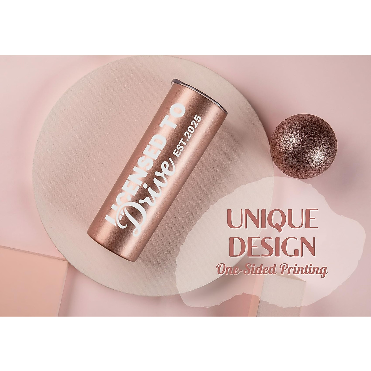 Onebttl New Driver Gifts for Girls - Licensed to Drive EST. 2025-20oz/590ml Stainless Steel Insulated Tumbler with Straw, Lid - Cups Gift for New Driver - (Rose Gold)