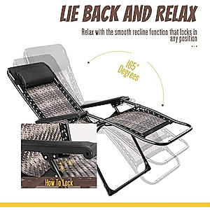 Omelaza Outdoor Zero Gravity Lounge Chair, Adjustable Reclining Patio Folding Chair with Headrest and Cup Holder, All-Weather Rattan Wicker for Pool, Yard, Garden - Grey