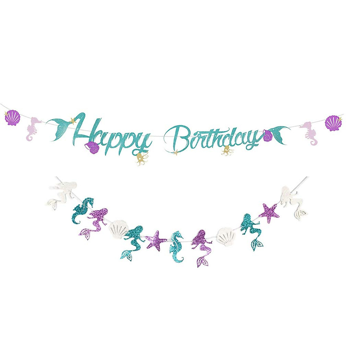 Mermaid Happy Birthday Banner, Mermaid Starfish Seashell Seahorse Banner, Under The Sea Mermaid Theme Party Decoration