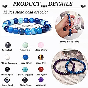 MOZAKA 12Pcs Gorgeous Semi-Precious Gemstones Round Beads Energy Power Crystal Reiki Healing Elastic Stretch Bracelet for Women Men Gifts
