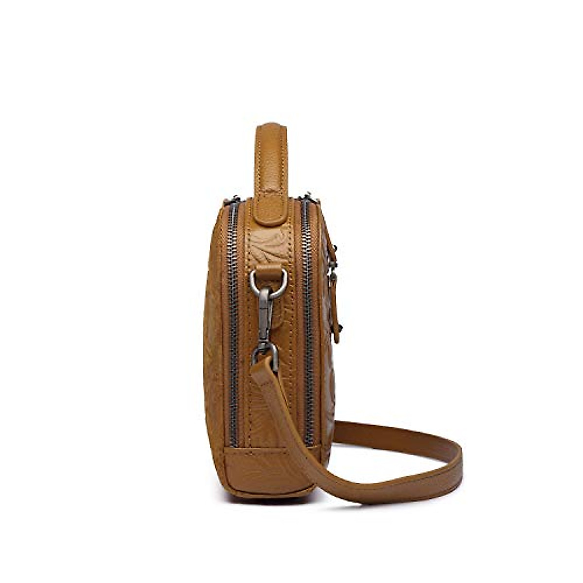 FEIMINA Women Genuine Leather Messenger Crossbody Handbag Design Embossed Floral Pattern Sling Satchel Shoulder Bag (Brown)