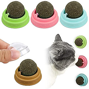 Catnip Wall Toys, 4 Pack Cat Toys, Rotatable Silvervine Catnip Lickable Balls, Safe Healthy Kitten Chew Toys, Teeth Cleaning Cat Bite Toy, Cat Wall Treats