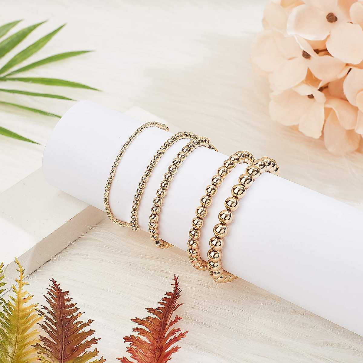 PH PandaHall 14K Gold Spacer Beads, 300pcs Round Brass Beads 5 Size Metal Smooth Beads Seamless Ball Beads Long-Lasting Little Beads for Summer Bracelet Necklace Jewelry DIY Crafts(2/3/4/5/6mm)