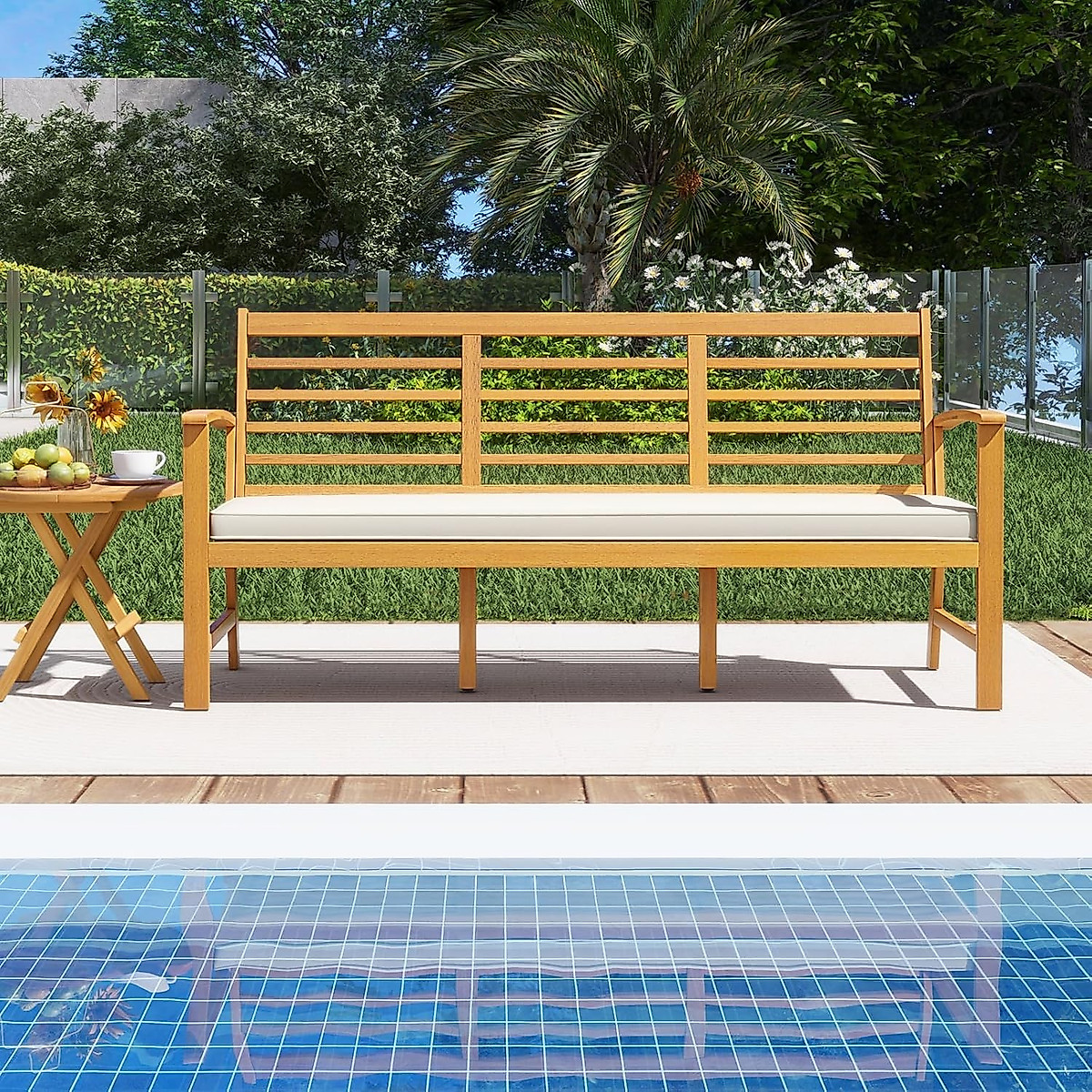 RELAX4LIFE 64’’ Outdoor Bench Acacia Wood - 3-Seat Patio Bench w/Slatted Backrest, Armrests & Seat Cushion, Extra Long Front Porch Bench for Park Poolside Yard, 1200LBS Capacity, 3-Person Garden Bench