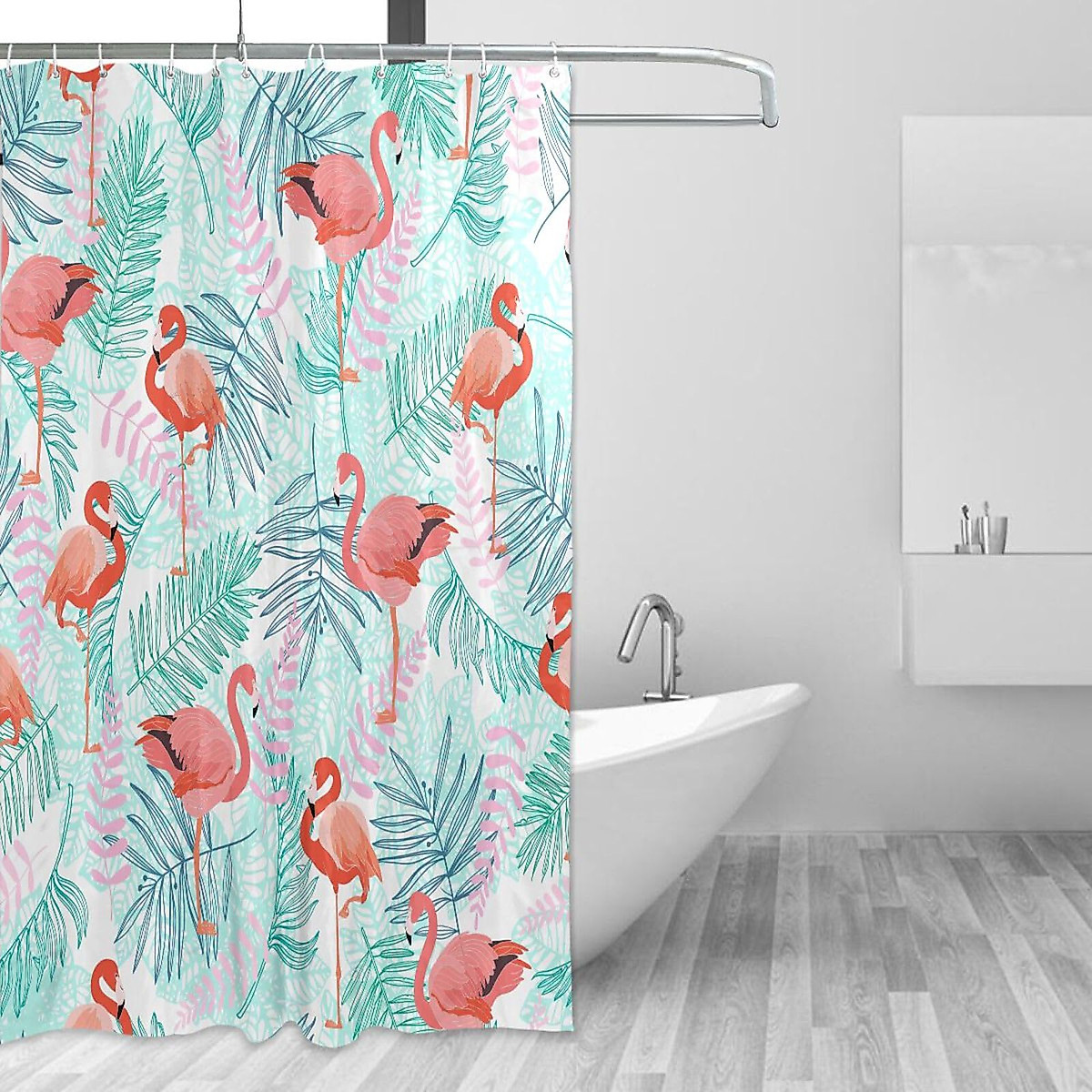 Burbuja Shower Curtain for Bathroom, Leaves and Flamingo Waterproof Washable Shower Bath Curtain for Home Hotels with 12 Hooks, 60x72 in