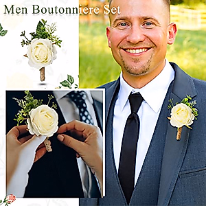 48 Pcs Wedding Wrist Corsage Boutonniere Set, Ivory Rose Wrist Flower Wristlet Band Corsage Bracelet for Bride Bridesmaid Women Girls White Boutonniere for Men Groom Groomsmen for Prom Wedding Party