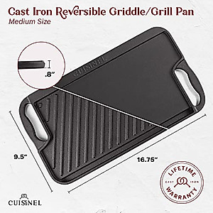 Cuisinel Cast Iron Griddle/Grill + Scraper/Cleaner - Reversible Pre-Seasoned 16.75" X 9.5"-inch Dual Handle Flat Skillet and Griller Pan - Works Indoor/Outdoor, Stove Burner, Gas, Fire