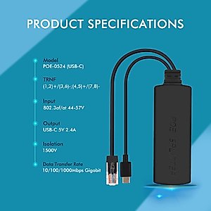 Gigabit PoE USB C Splitter 48V to 5V 2.4A, IEEE 802.3af/at 10/100/1000Mbps Active PoE Power Over Ethernet USB C Splitter Adapter for Security IP Cameras, iPads, Raspberry Pi4, Dropcam