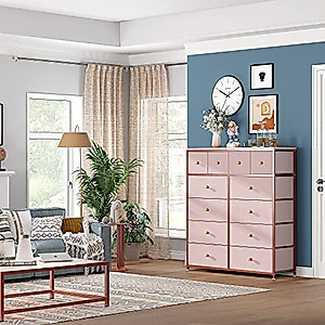 EnHomee Pink Dresser for Girls Bedroom with 12 Drawers, Dresser for Bedroom with Sturdy Metal Frame and Wooden Top, Bedroom Dressers & Chests of Drawers for Bedroom, Nursery, Closet, Pink