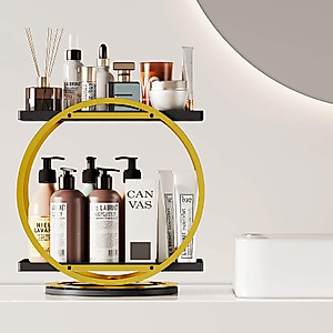 Perfume Organizer for Dresser, 360 Rotating Makeup Organizer for Vanity, 2 Tier Large Capacity Bathroom Counter Organizer Cosmetic Skincare Storage Countertop Holder for Bedroom Kitchen(Black Gold)