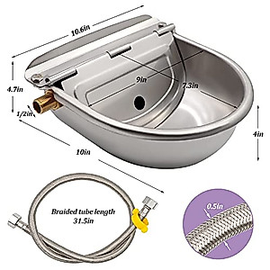 KHEARPSL Automatic Water Bowl with Brass Float Valve, Drain Hole and Hose, Stainless Steel Dog Water Bowl Livestock Waterer for Cattle Pig Goat Dog