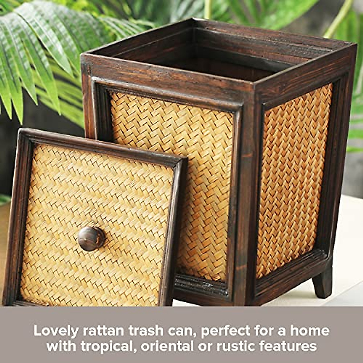 Rattan Basket Wooden Trash Can - Hand Woven Basket Trash Can with Lid - 9"x8.3"x13" Small Garbage Can with Cover - Decorative Natural Wood Garbage Bin for Living Room, Bedroom or Bathroom Trash Can