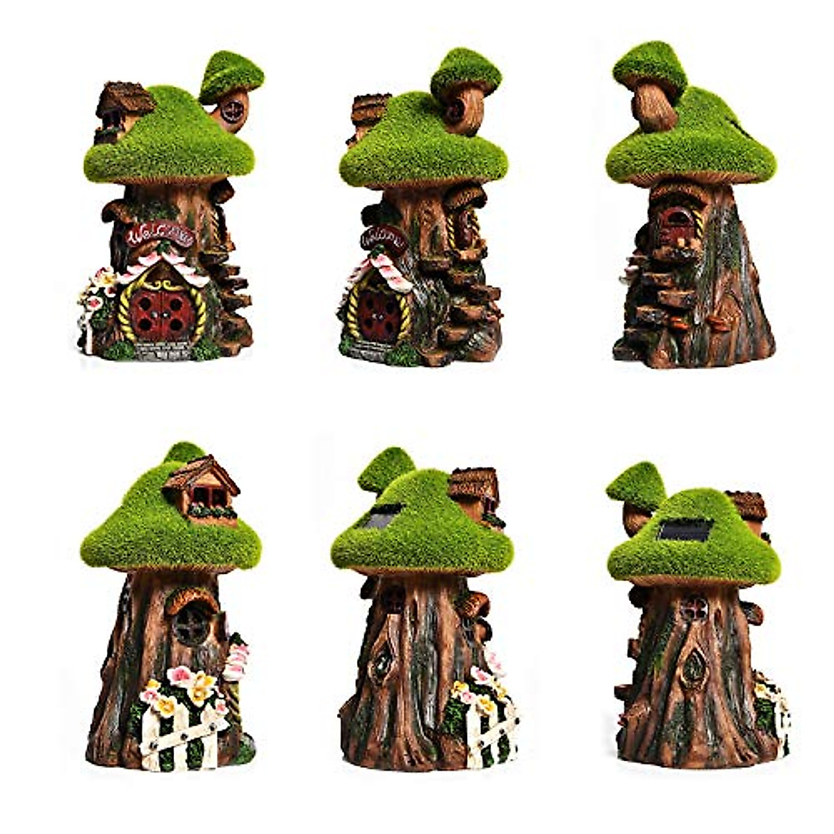 ASAWASA Fairy Houses for Gardens with Solar LED Light,Indoor Outdoor Décor Garden Lighting Figurines for Patio Lawn Yard(Flocked Mushroom House)
