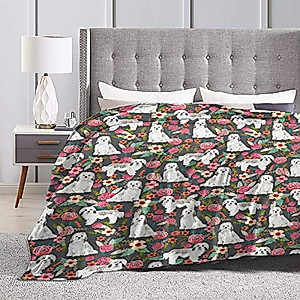 Cute Havanese Dogs Lovers Pink Rose Flower Floral Funny Dog Puppy Animals Boho Style 3D Print Blanket throw Ultra Soft Light Cozy Flannel Blankets For Bedroom Bed And Sofa Quilt Birthday Gifts 50"x40"