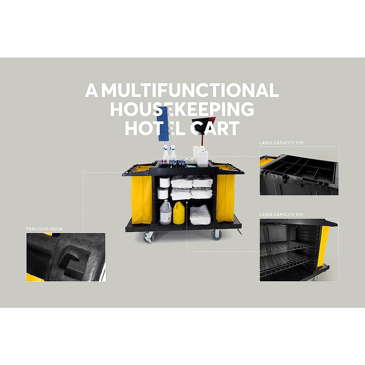 Hotel Cart Housekeeping Room Service Cart H 39" x L 60" X W 21" (Black)