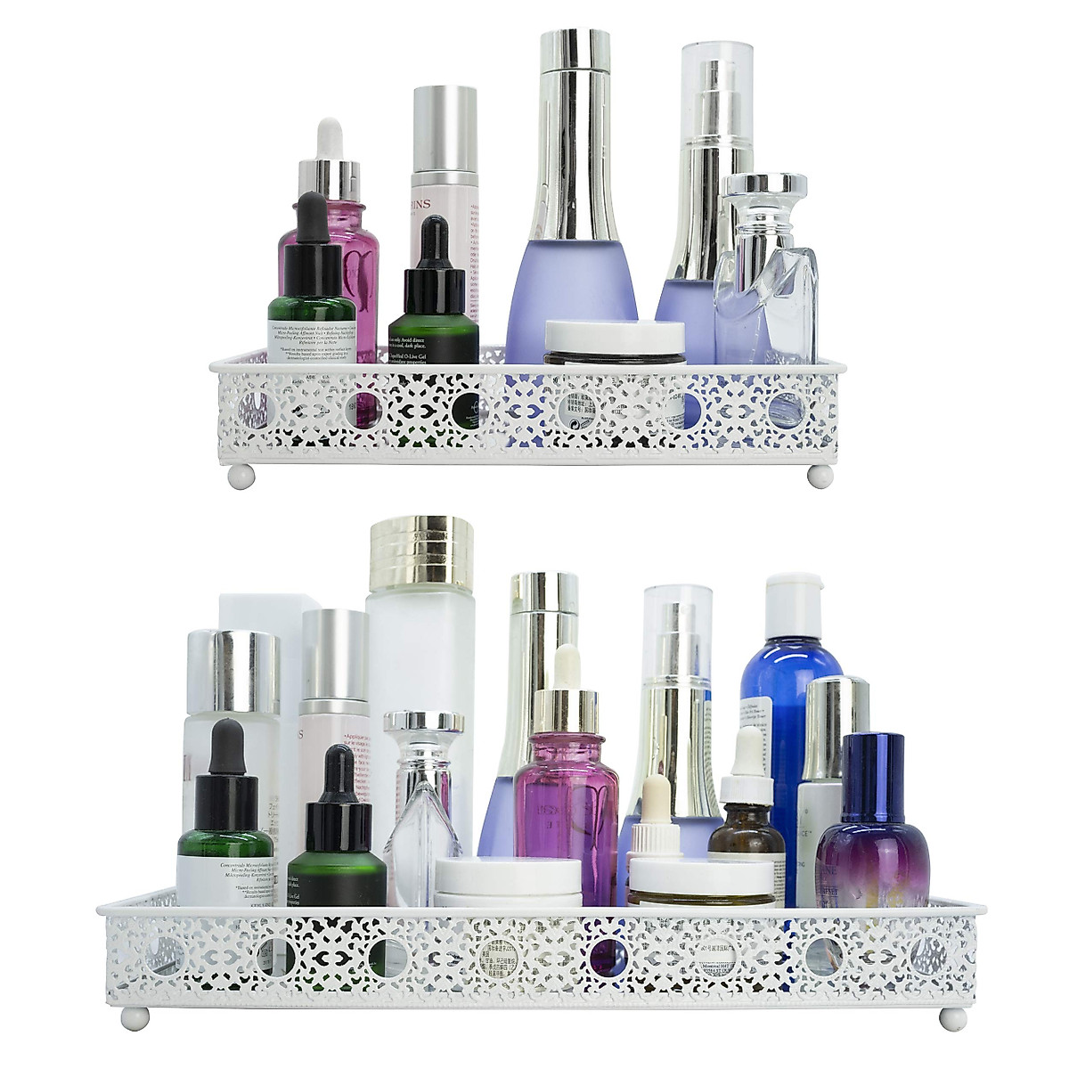 Tricune 2Pcs Perfume Tray - Bathroom Vanity Tray - Mirror Tray - Set of 2 Decorative Perfume for Dresser Jewelry Organizer Makeup Glass Tray 12.5 X 6.3 + 9.5 X 5 Inch Silver