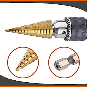 HSS Titanium Coated Step Drill Bit Set, 1/4" Hex Shank Quick Change Cone Bits Hole Expander for Wood and Metal, 10 Step Sizes from 4mm to 22mm