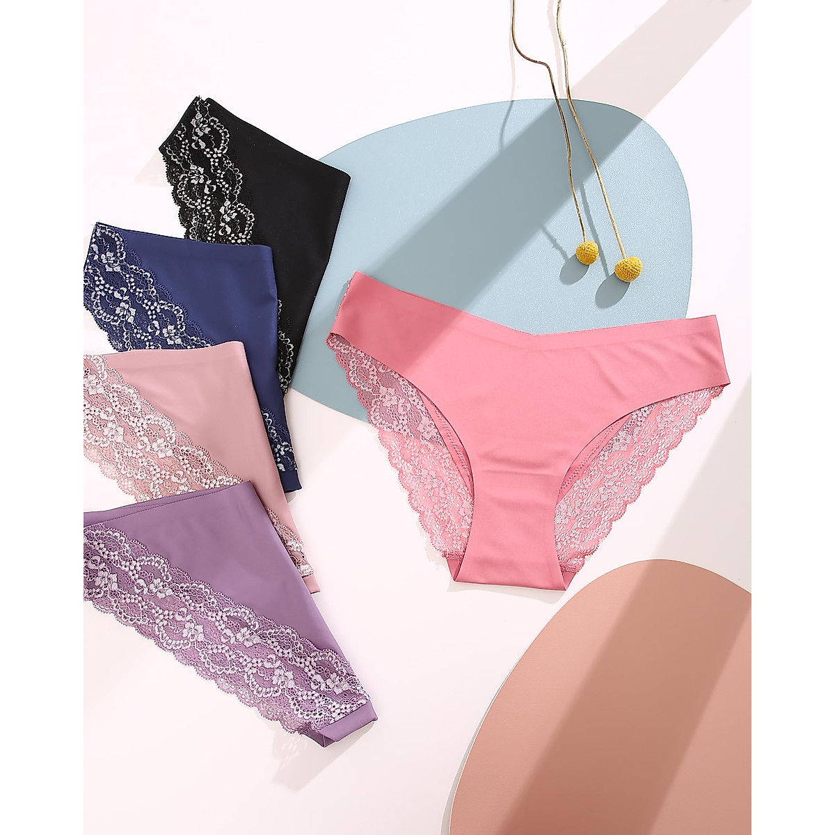 FINETOO Underwear for Women Lace Sexy Hipster V Cut No Show Bikini Panties Seamless Cheeky 5 Pack S-XL